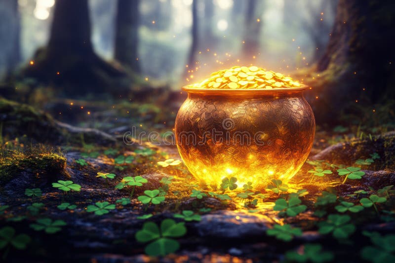 Magical Scene of a Glowing Pot of Gold Surrounded by Clovers in a ...