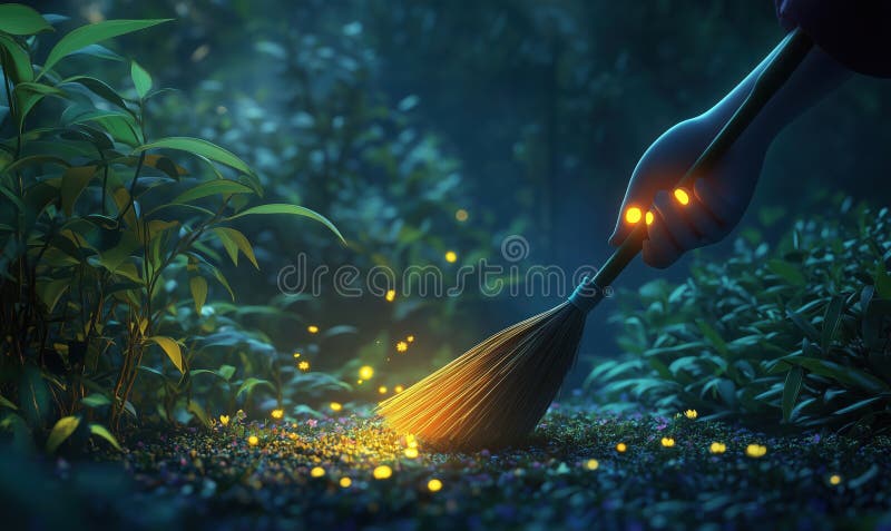 Magical Scene of a Hand Sweeping Glowing Particles in a Mystical Forest ...