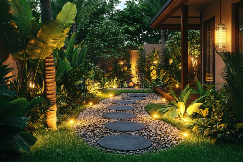 A Magical Scene of an Illuminated Garden at Night, Showcasing Lights ...