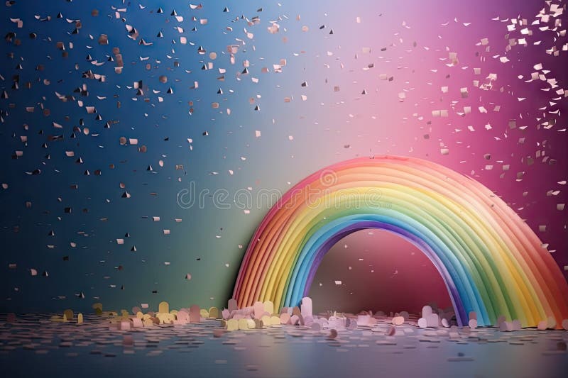 Magical Scene with Raining Confetti and Rainbow Background Stock ...