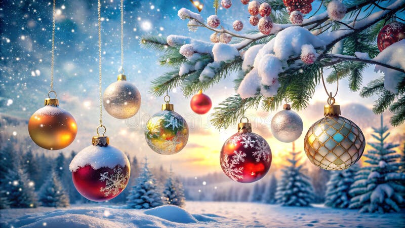 A Magical Scene Where Giant Christmas Baubles Hang from Trees Stock ...