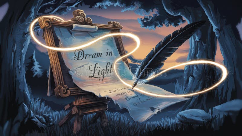 Magical Scroll with Glowing Text Dream in Light Surrounded by a Quill ...