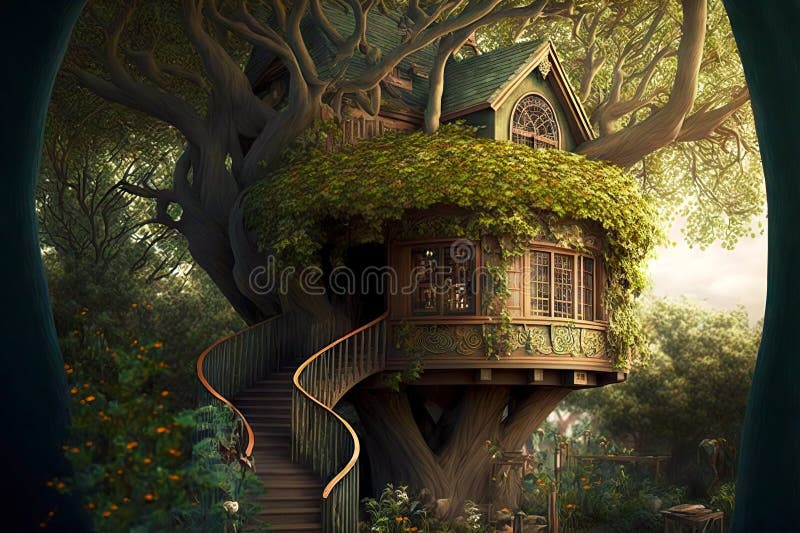 Magical Shelter Beautiful Tree House with Stairs Stock Illustration ...