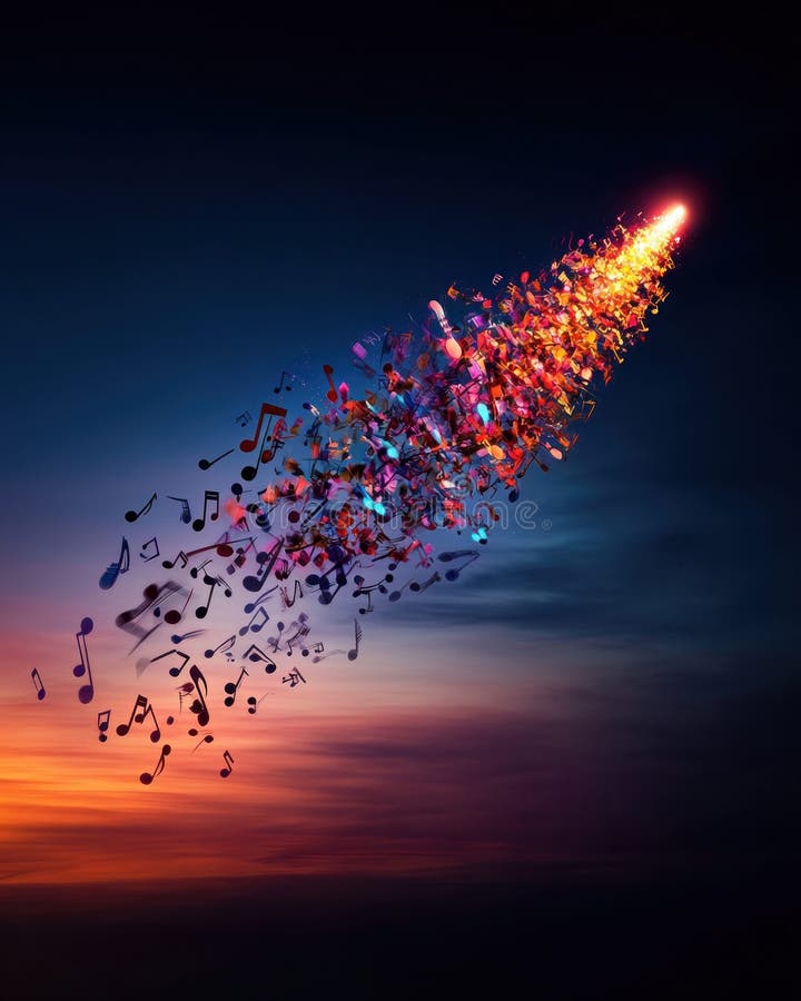 Magical Shooting Star with Musical Notes and Vibrant Light Trail Stock ...