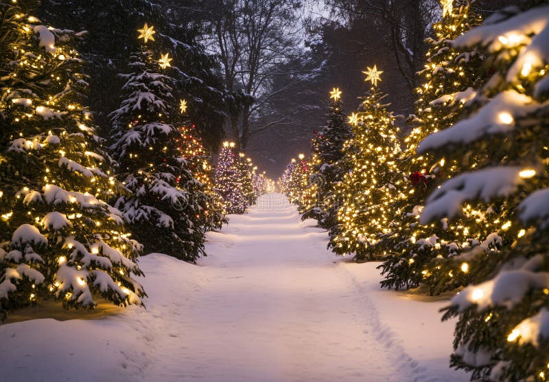 Magical Snow Covered Christmas Trees Pathway High Quality Image Stock ...
