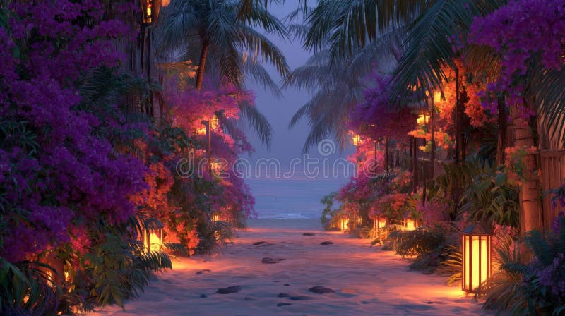 Magical Snow Covered Tropical Beach Path at Night Stock Photo - Image ...