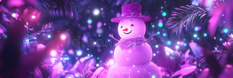 Magical Snowman in Enchanted Purple Forest with Sparkling Lights Stock ...