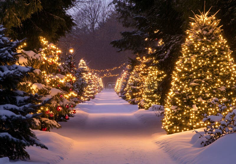 Magical Snowy Christmas Tree Lane Lights High Quality Image Stock ...