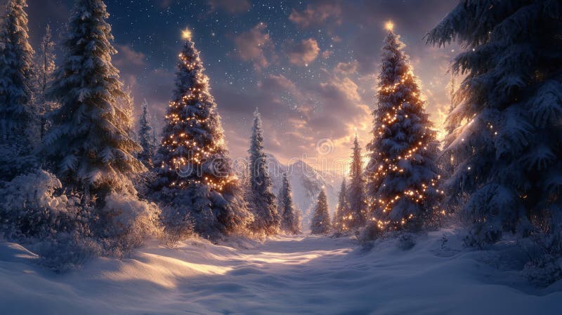 Magical Snowy Forest with Illuminated Christmas Trees Stock ...
