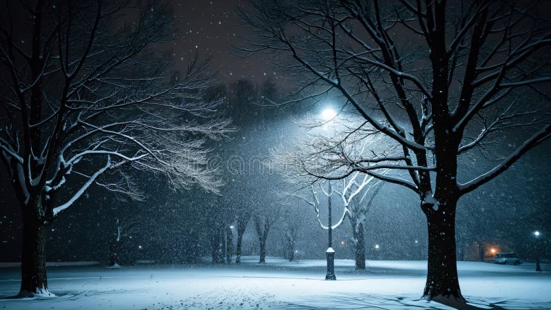 Magical Snowy Night in Park, High-Resolution Winter Scene Stock ...