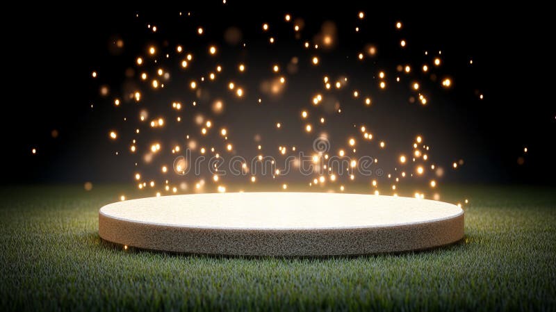 Magical Sparkling Lights Above Empty Circular Stage on Grass Background ...