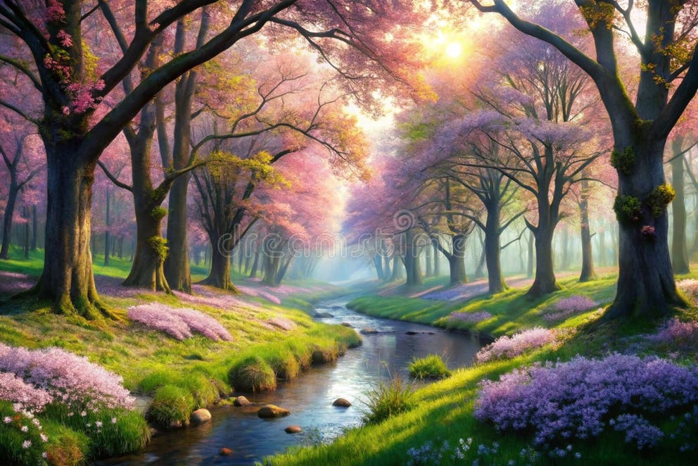 Magical Spring Forest Landscape Stock Illustration - Illustration of ...