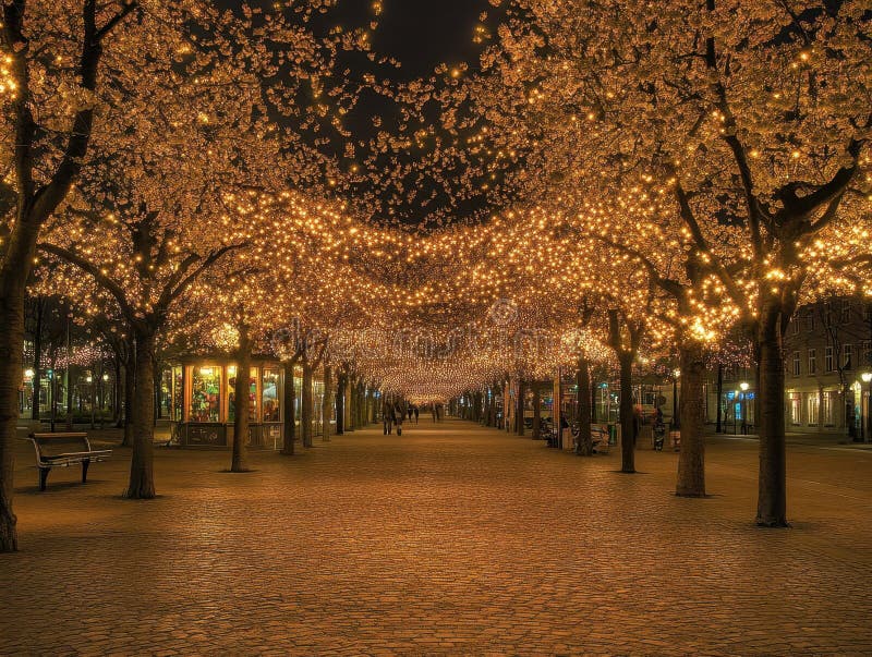 Magical Spring Night with Twinkling Lights Illuminating a Tree-lined ...
