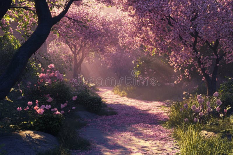 Magical Spring Path with Blooming Cherry Blossoms Stock Illustration ...