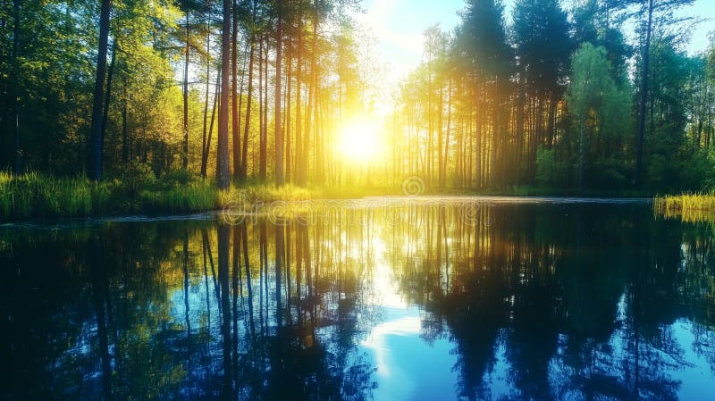 Magical Spring Swamp with Reflections Under Tall Trees at Sunrise Stock ...