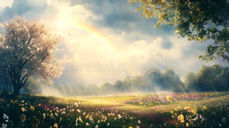 Magical Springtime Rain with Sunbeams and a Rainbow Over a Peaceful ...