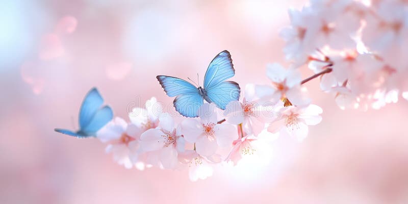 Magical Springtime Scene with Delicate Blue Butterflies on Cherry ...