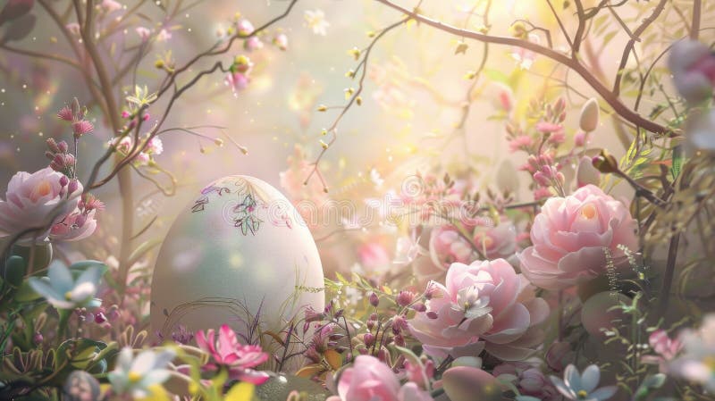A Magical Springtime Scene with an Intricately Decorated Easter Egg ...