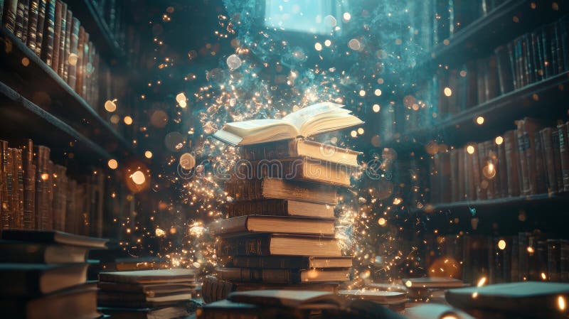 Magical Stack of Antique Books with Glowing Lights Stock Image - Image ...