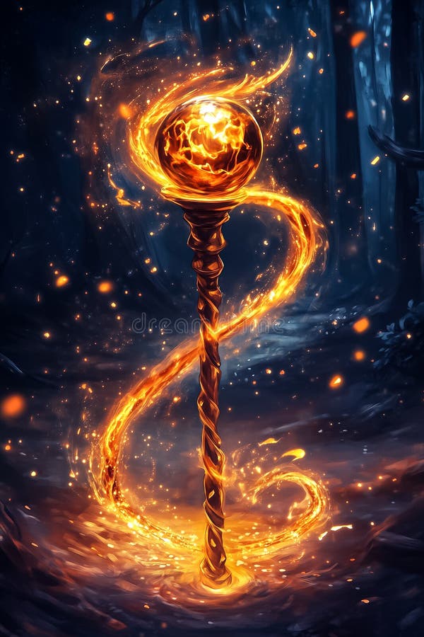 A Magical Staff Glows with Flames in an Enchanting Forest at Dusk Stock ...