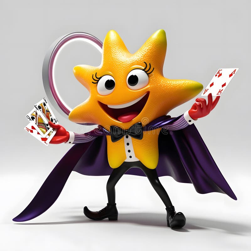 A Magical Star Character Performing Card Tricks with a Purple Cape and ...