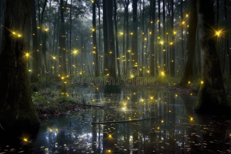 A Magical, Star-like Pattern of Fireflies Above the Swamp Surface Stock ...