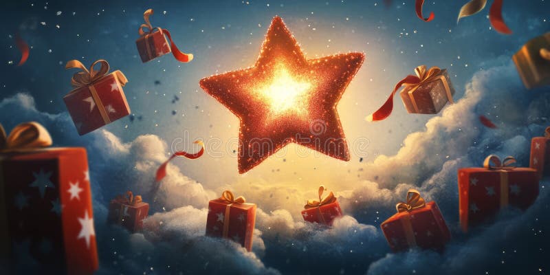 Magical Starry Night with Glowing Star and Floating Gift Boxes in a ...