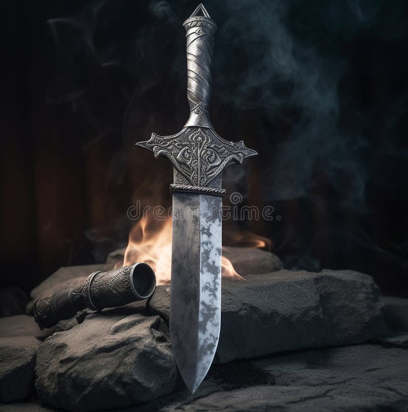 Magical Sword in Cave with Fire and Blue Smoke. Generative AI Stock ...