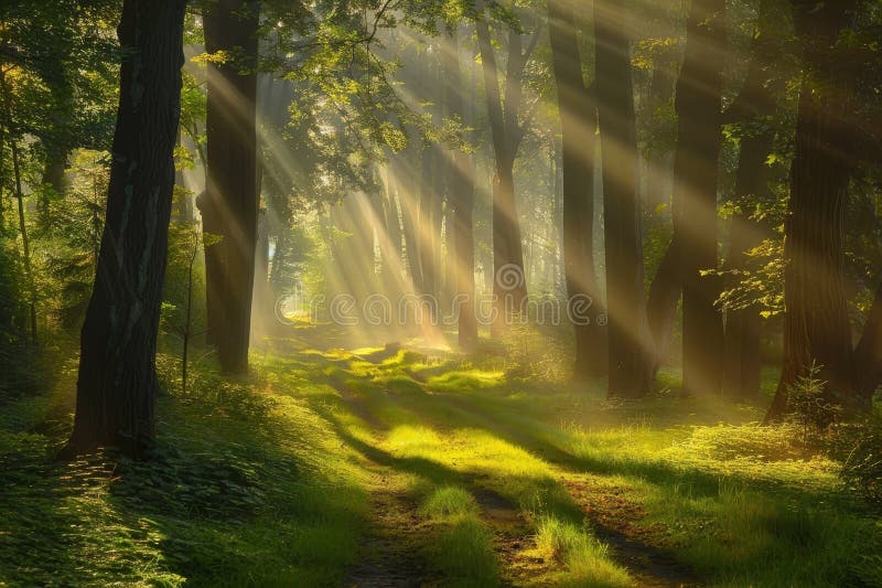 Magical Summer Scenery in a Dreamy Forest, with Rays of Sunlight Stock ...