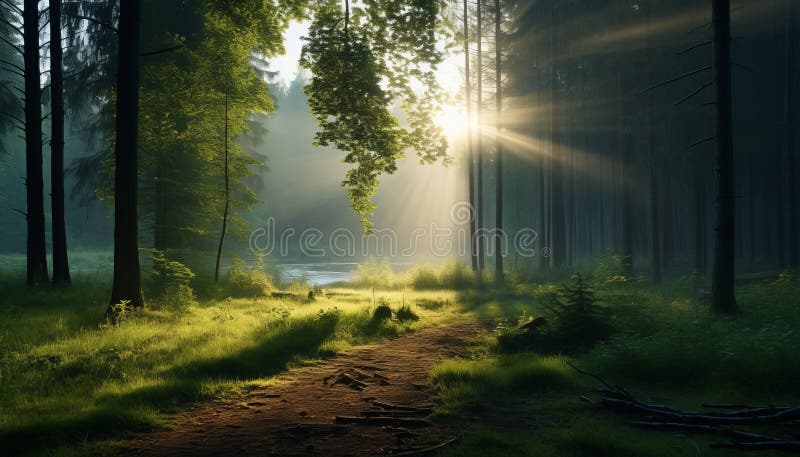 Magical Sunbeams Casting a Mesmerizing Glow in a Misty Forest with ...