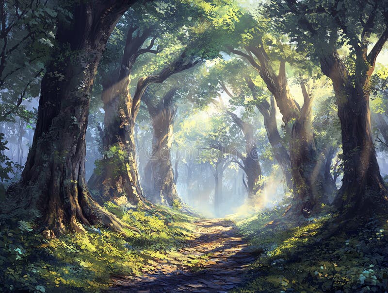 Magical Sunlit Forest Path Tranquil Woodland Scene with Lush Greenery ...
