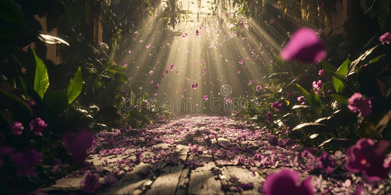Magical Sunlit Path in Lush Jungle with Falling Purple Petals Stock ...