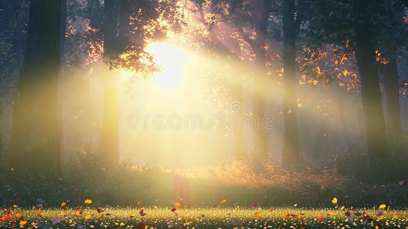 Magical Sunrise in Enchanted Forest with Falling Leaves Stock Footage ...