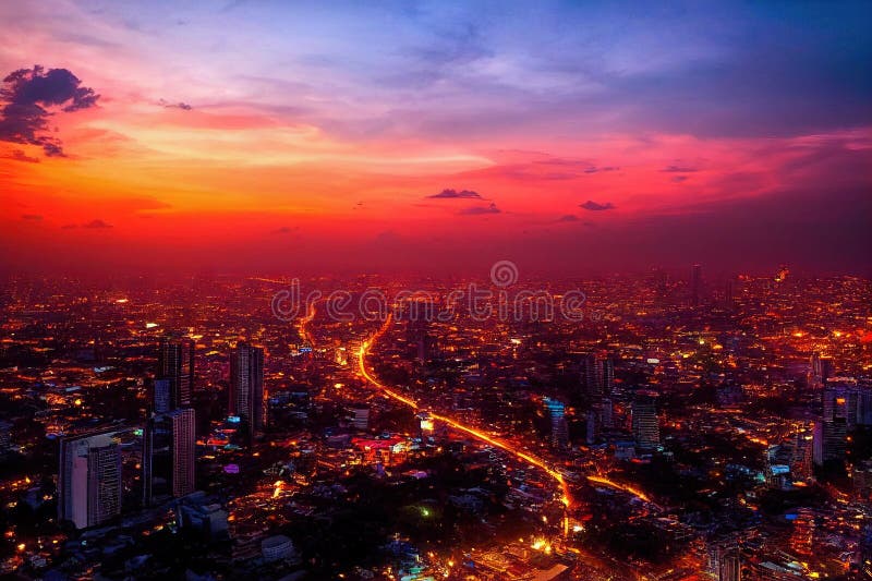 Magical Sunrise Over Lights of City Sunset Dramatic Sky Stock ...