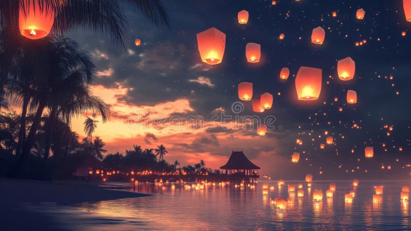 Magical Sunset Beach Scene with Glowing Sky Lanterns Stock Illustration ...