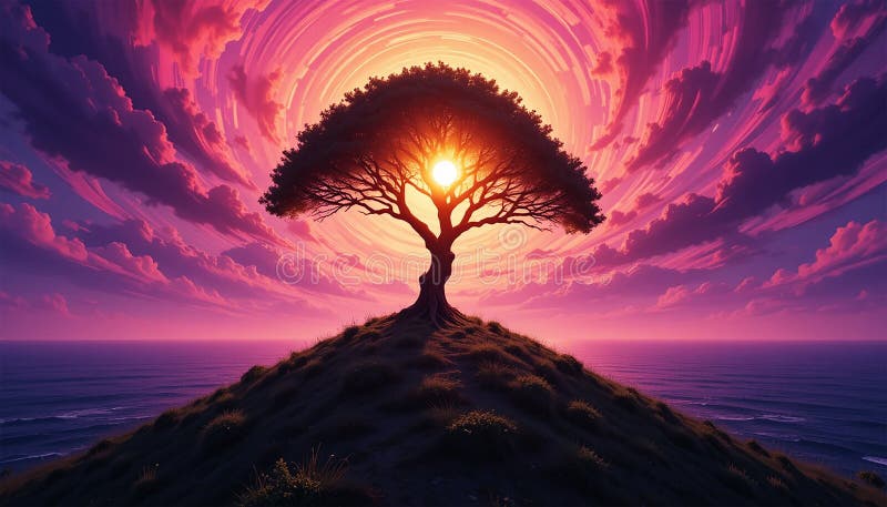 Magical Sunset Behind a Lone Tree by the Ocean Stock Illustration ...