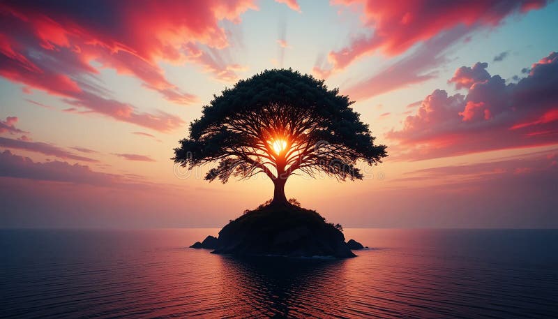 Magical Sunset Behind a Lone Tree by the Ocean Stock Illustration ...