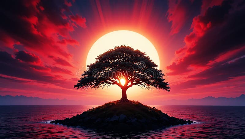 Magical Sunset Behind a Lone Tree by the Ocean Stock Illustration ...