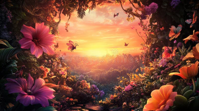 Magical Sunset through a Blooming Jungle Gateway Stock Illustration ...