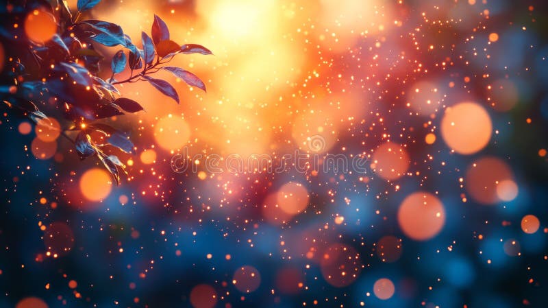 Magical Sunset Bokeh Background with Leaves Stock Illustration ...