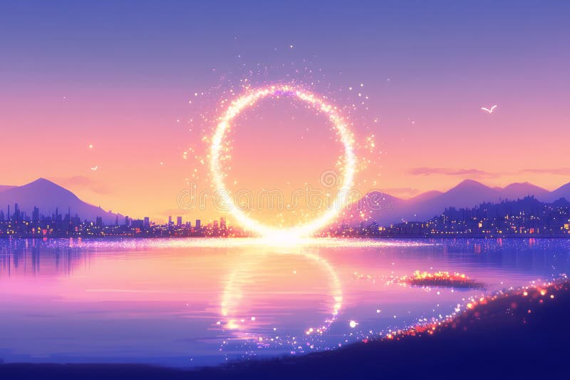 Magical Sunset Cityscape Glowing Ring Lake Mountains Stock Illustration ...