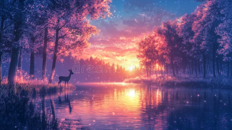 Magical Sunset Deer in Pink Forest Lake Stock Illustration ...