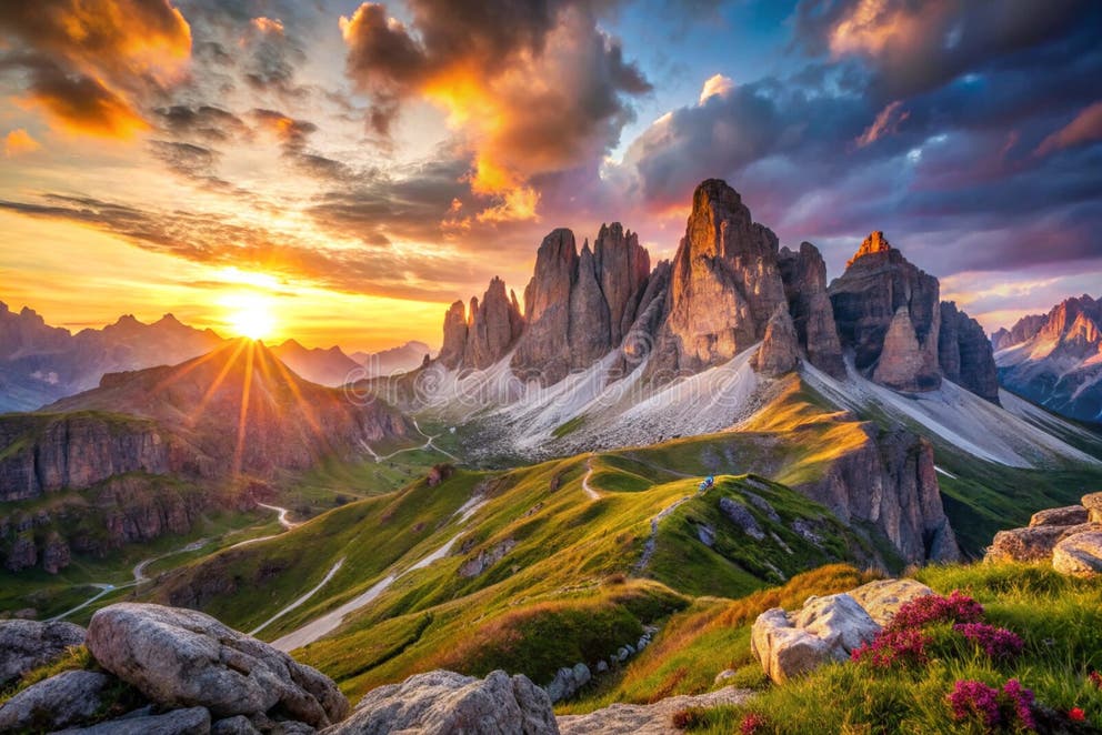 Magical Sunset at Dolomites Cliffs Stock Illustration - Illustration of ...