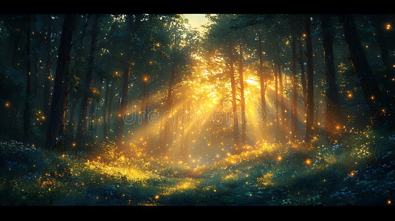 Magical Sunset in an Enchanted Forest with Fireflies Stock Illustration ...