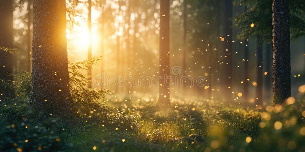 Magical Sunset in a FireflyFilled Forest Stock Illustration ...