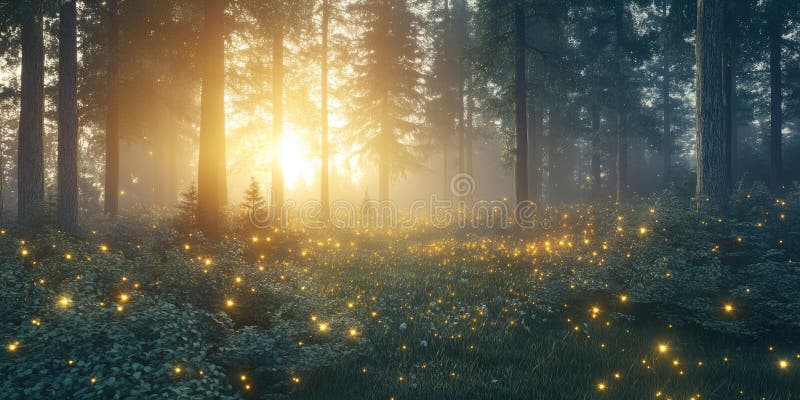 Magical Sunset in a FireflyFilled Forest Stock Illustration ...