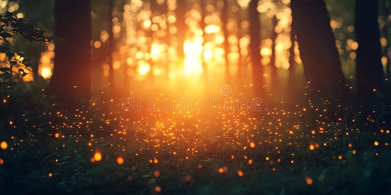 Magical Sunset in the Forest Glowing Fireflies and Golden Light Stock ...
