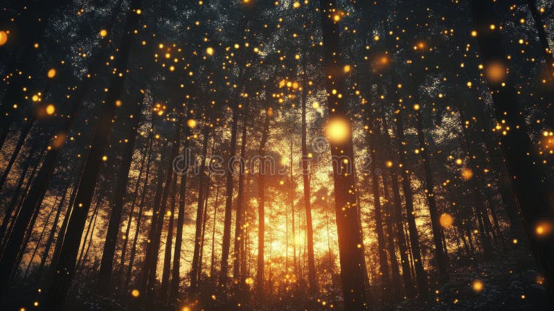 Magical Sunset Forest Glowing Particles and Silhouetted Trees Stock ...