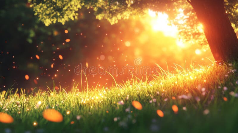 Magical Sunset in a Forest: Golden Light and Sparkling Grass Stock ...
