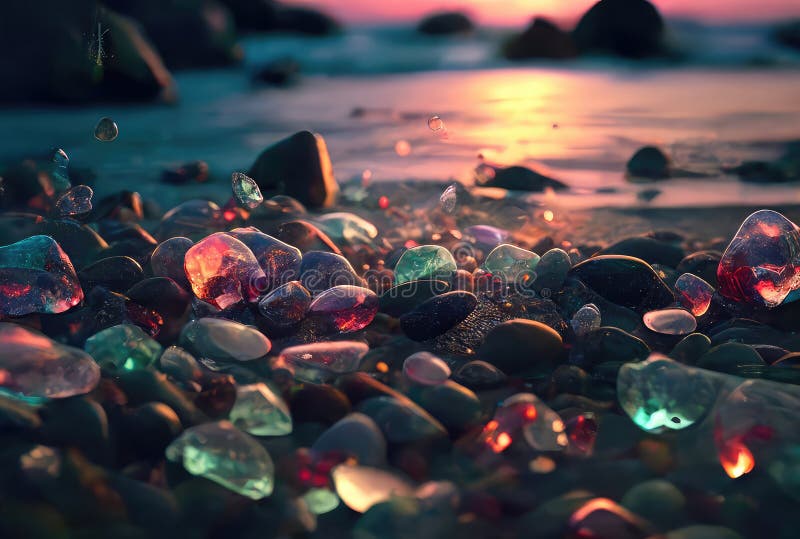 Magical Sunset on Glass Stones Beach, Sea. Generative AI Stock Image ...